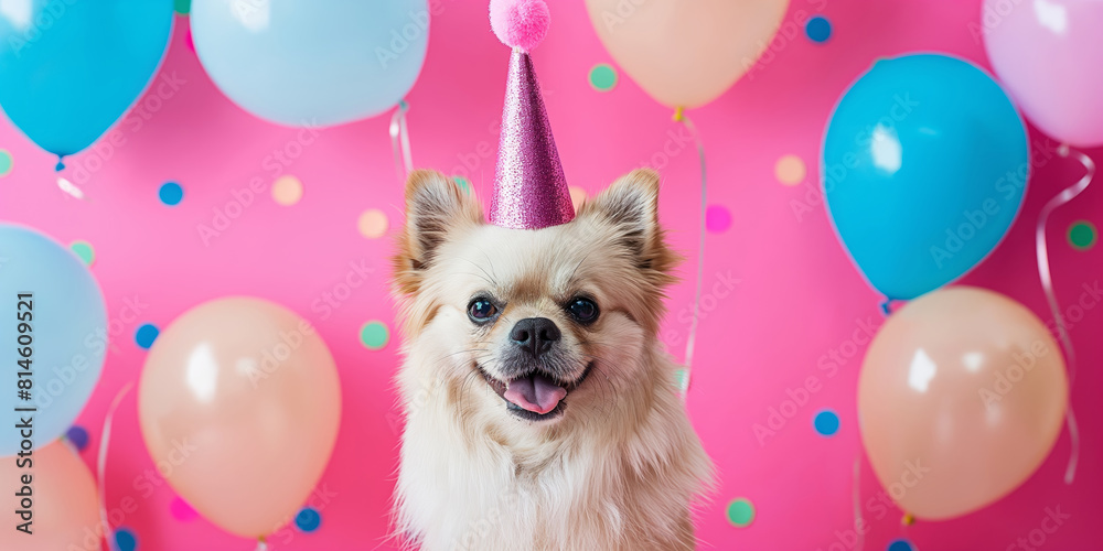 Cute and happy purebred pomeranian dog with party hat on a pink ...