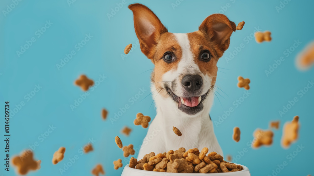 Happy purebred dog eating dry food from a bowl, on a pastel blue ...