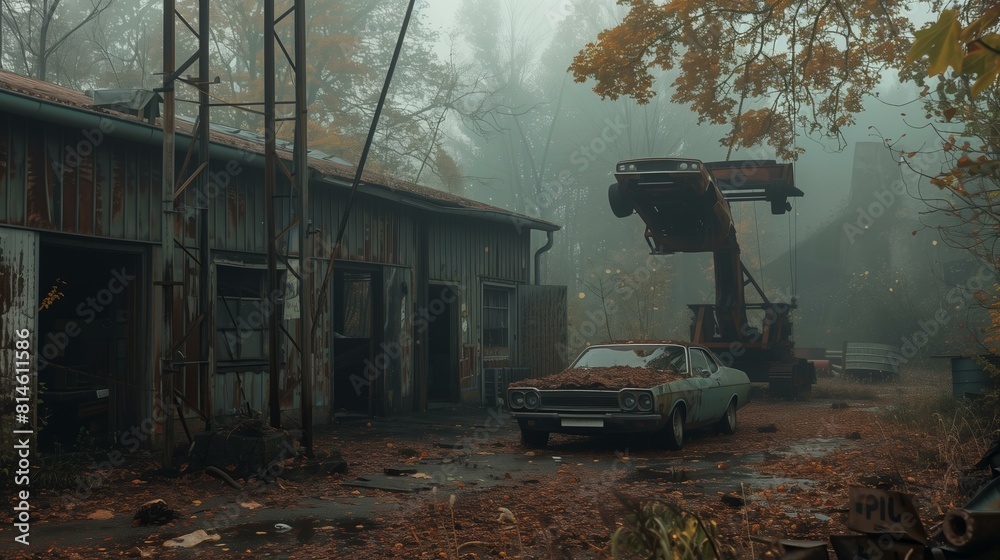 abandoned mechanical car repair company, old scary place, background ...