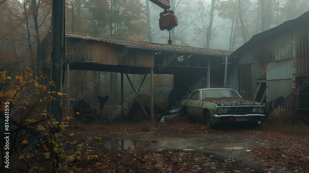 abandoned mechanical car repair company, old scary place, background ...