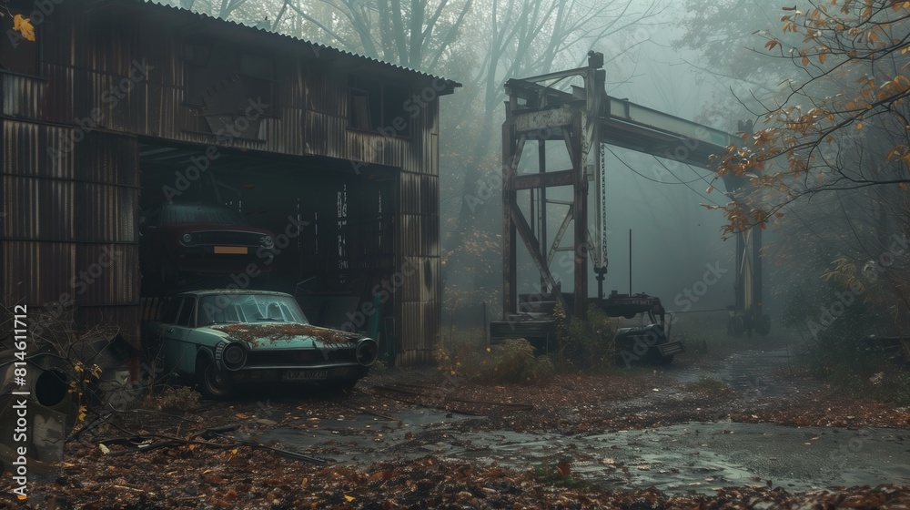 abandoned mechanical car repair company, old scary place, background ...