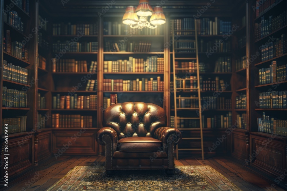 Reading room in old library or house. Vintage style leather armchair ...
