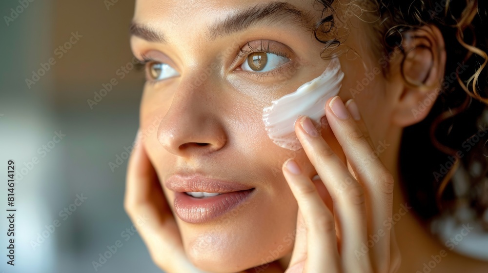 A realistic stock photo showing a woman gently spreading moisturizing ...