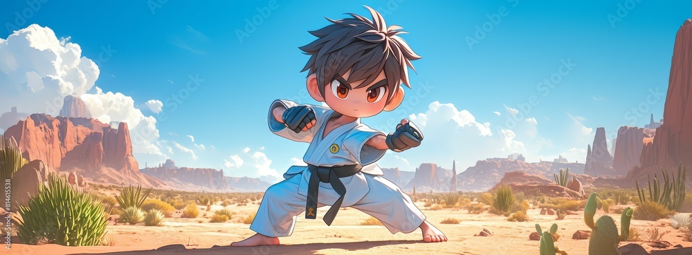 chibi character, brown haired boy in a karate outfit doing a kick pose ...