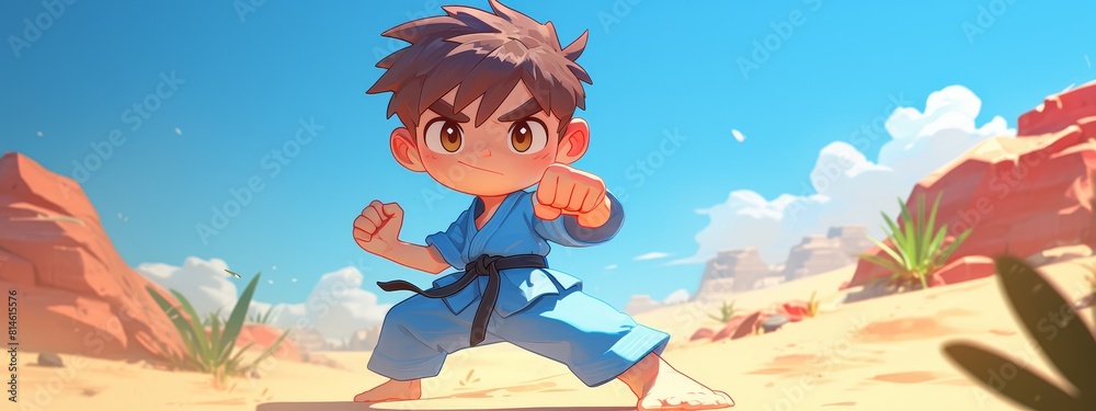 chibi character, brown haired boy in a karate outfit doing a kick pose ...