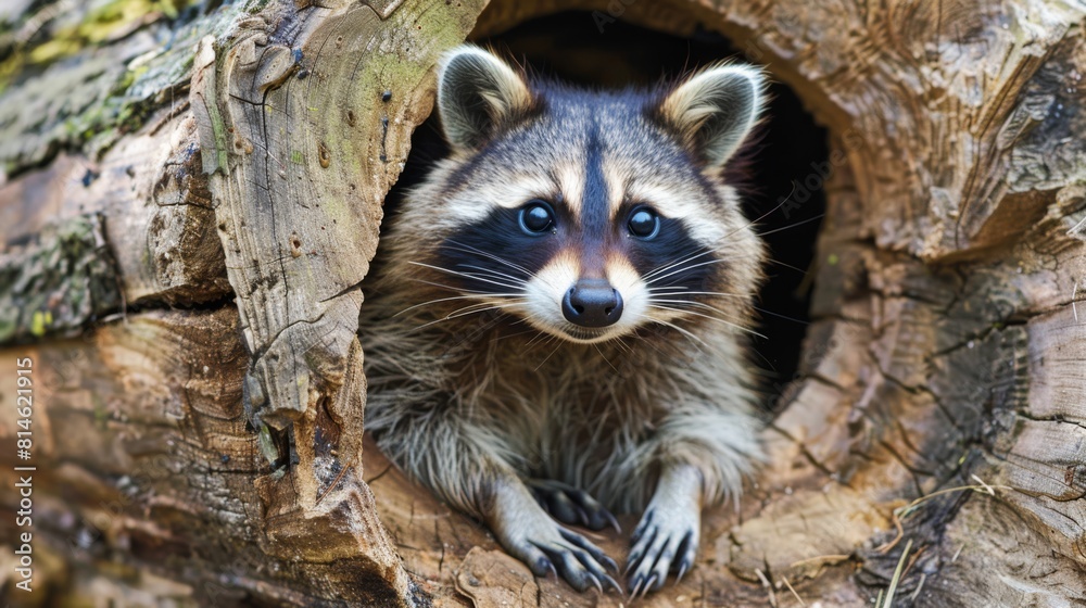A Common Raccoon is looking out of a hollow in a tree, curiously ...