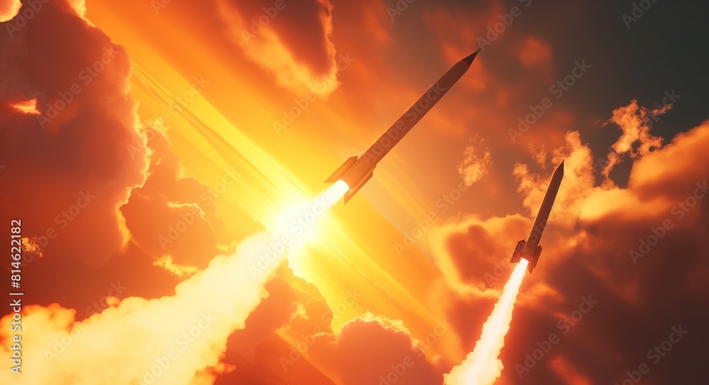 Powerful image capturing two missiles ascending with fiery trails ...