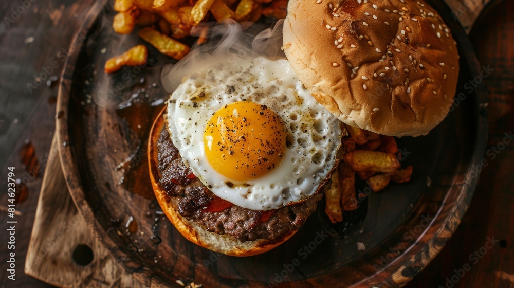 Breakfast burger served on a wooden plate, with perfectly cooked sunny ...