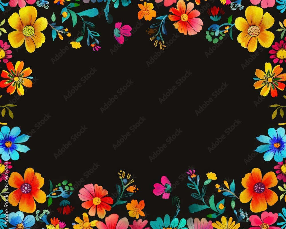 Frame made of colorful flowers on black background. Mexican traditional ...