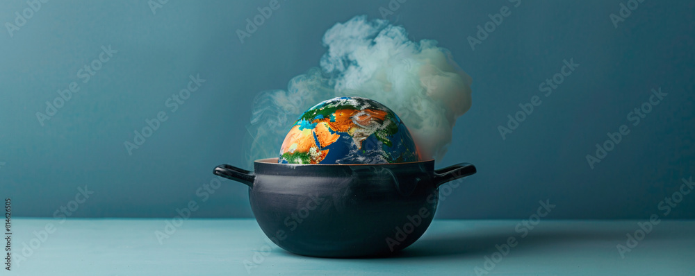 On a simple, minimalist background, a pot is shown boiling with the ...