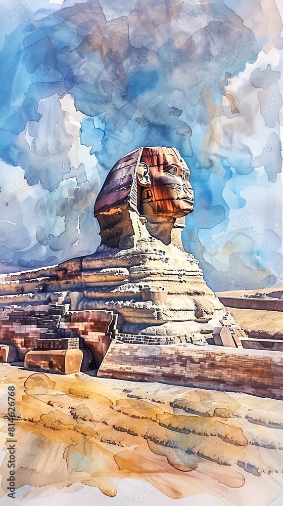 A detailed watercolor painting of the Great Sphinx of Giza standing ...