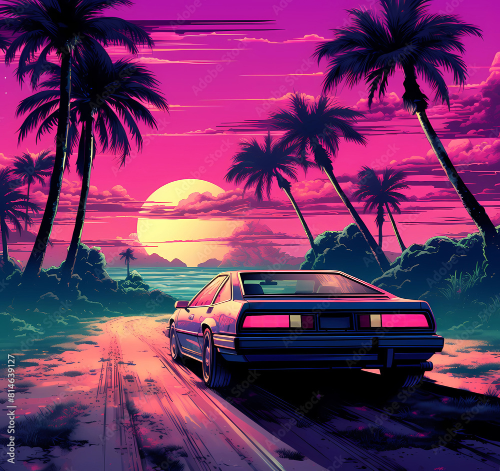 Retro car on beach at sunset. Retro-futuristic landscape with palm ...