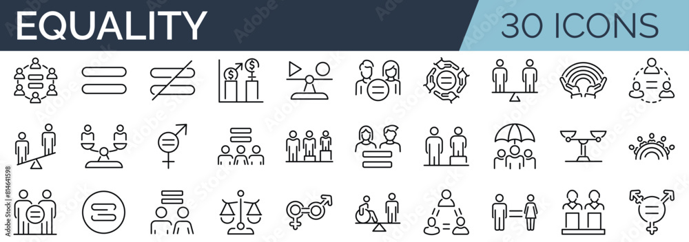 Set of 30 outline icons related to equality. Linear icon collection ...