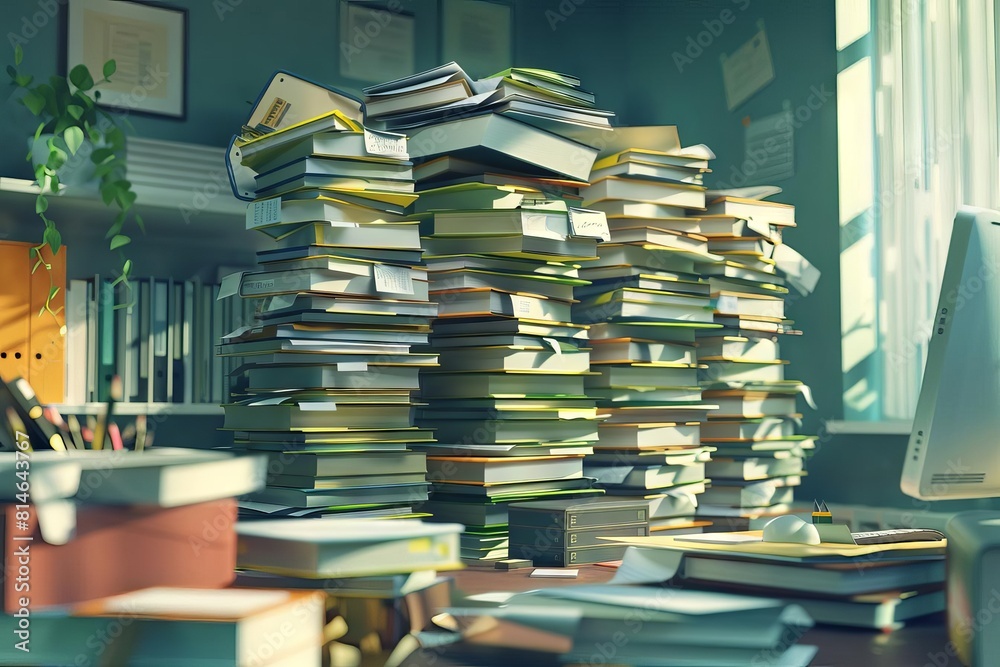 organized chaos towering stacks of files on a cluttered desk 3d ...