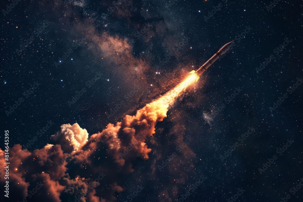 rocket soaring through a starry sky leaving a trail of smoke and flames ...