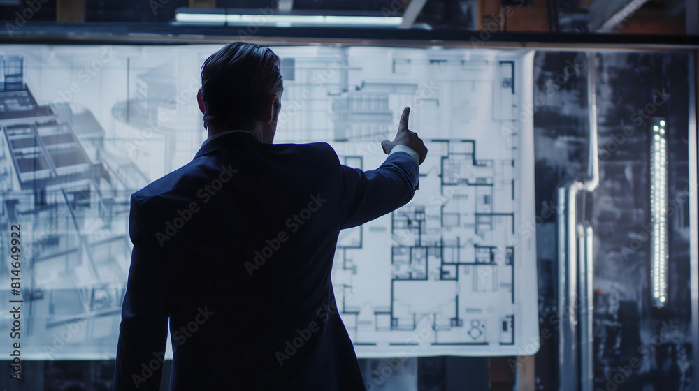 Manual worker on construction manager pointing the blueprint ...