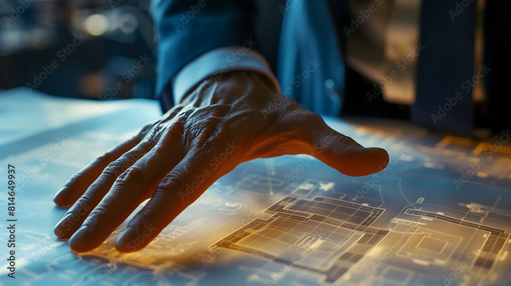 Manual worker on construction manager pointing the blueprint ...