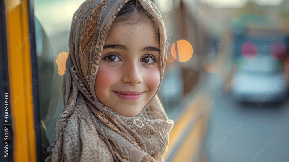 Smiling elementary student muslim girl ready to board school bus next ...