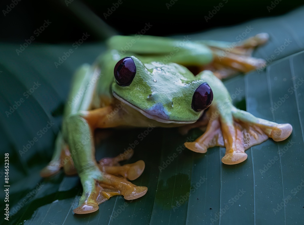 Multi-colored frog looking at camera, standing on green leave, Costa ...