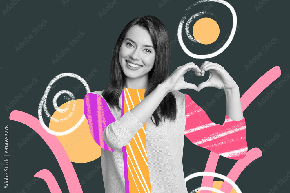 Creative collage picture young cheerful pretty girl show love gesture ...