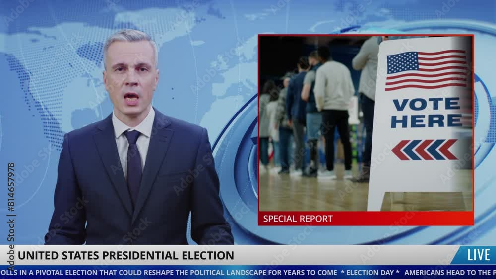 Male anchor in news studio reports live news about Presidential ...