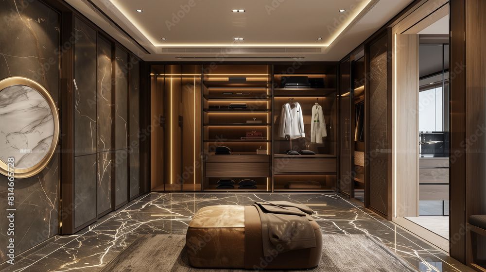 Elegant wardrobe with marble finishes and a dark beige and bronze color ...
