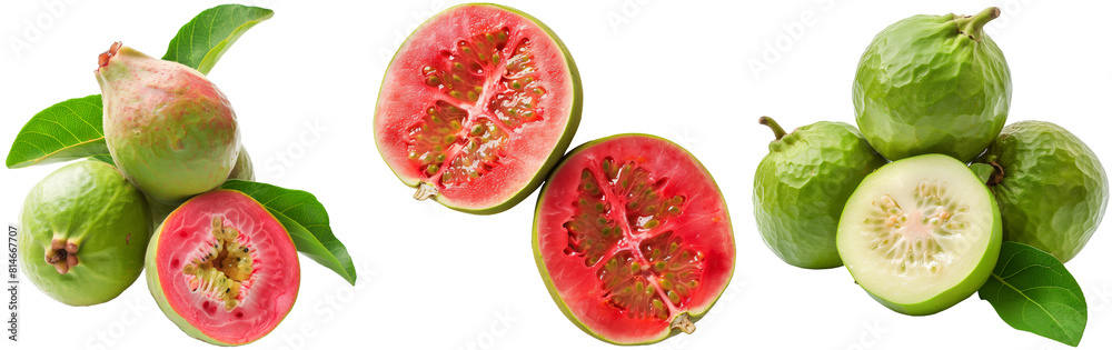 Exotic guava bundle, whole fruit and cut in half, side and top down ...