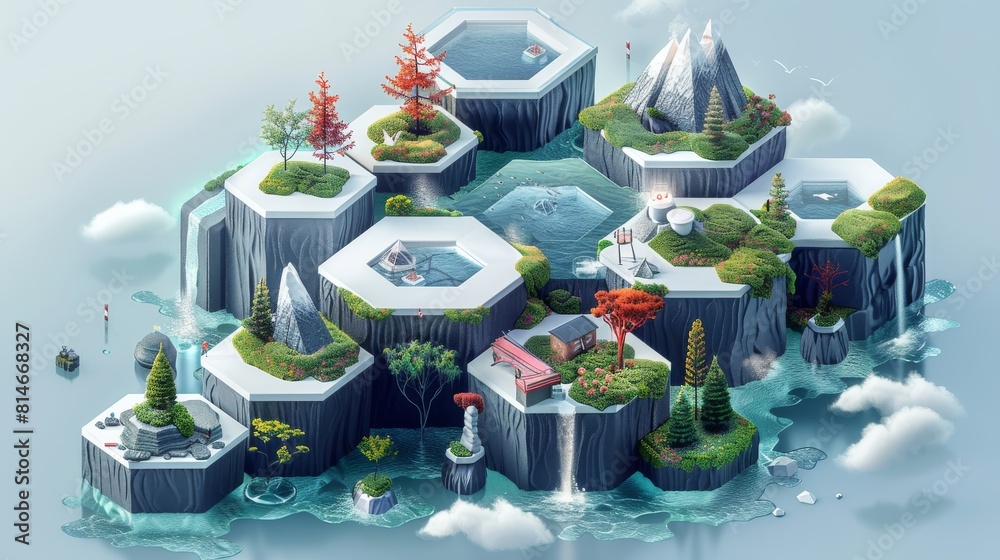 A 7 different hexagonal tiles an isometric perspective which illustrate ...