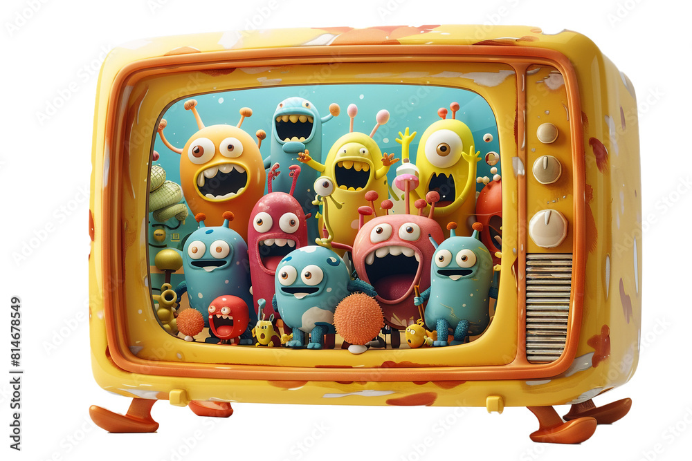 A group of whimsical cartoon characters climbing out of a classic ...
