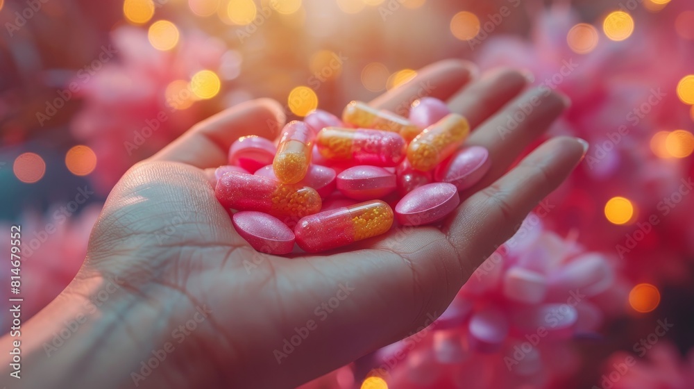 On a blurry color background, pink and yellow tablets are in the hand ...