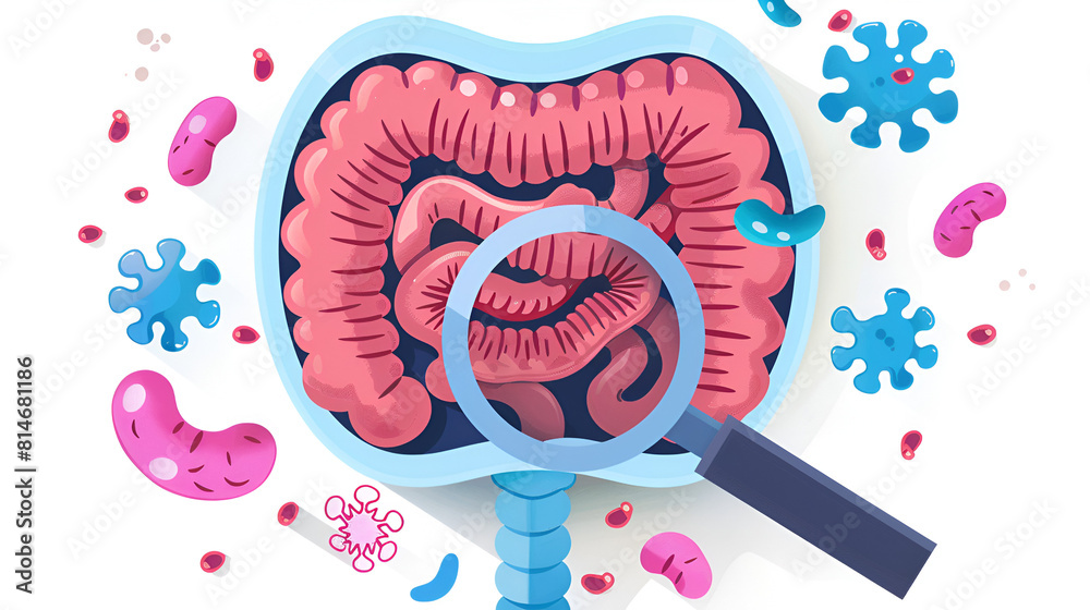 Abstract human intestine and magnifier. Gut microbiome concept. SIBO ...