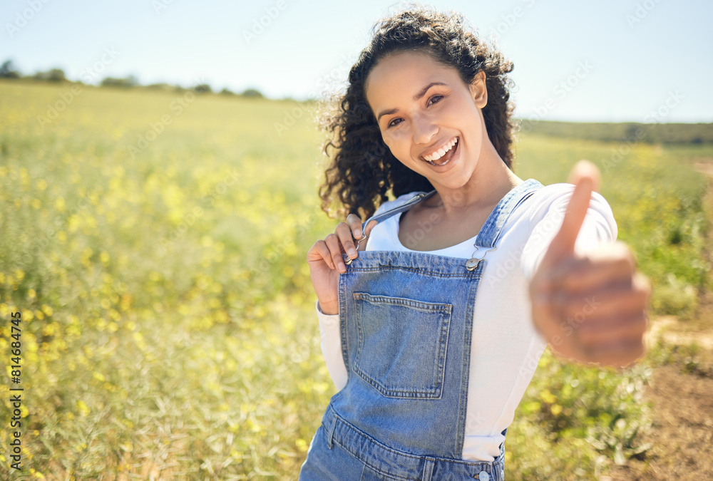 Portrait, outdoor and countryside with woman, thumbs up and support for ...