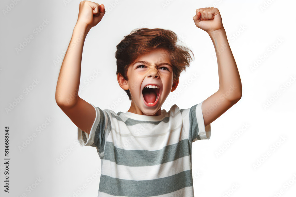 Kid with fists raised in triumph, mouth wide open, isolated white ...