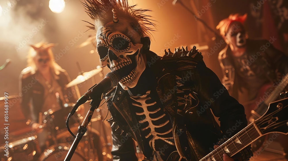 A punk band performing on stage, with the lead singer wearing a ...