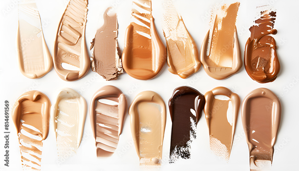 Different shades of liquid skin foundation on white background, top ...
