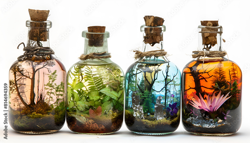 fantasy, bottles with a fairytale potion with forest elements inside ...