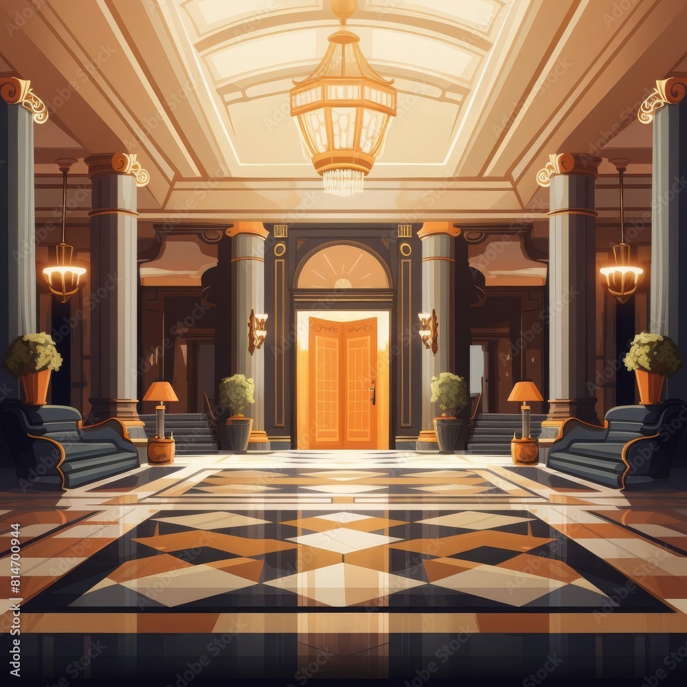 Luxury hotel lobby flat design front view grand entrance theme ...