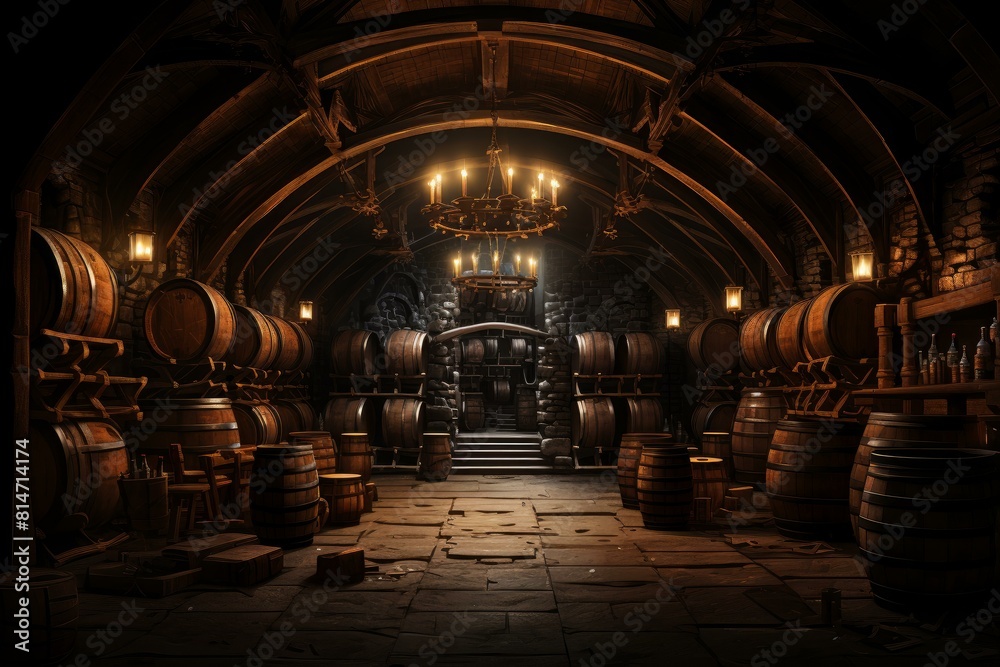 Vintage medieval wine cellar interior with atmospheric candlelit lighting. Ancient stone walls ...