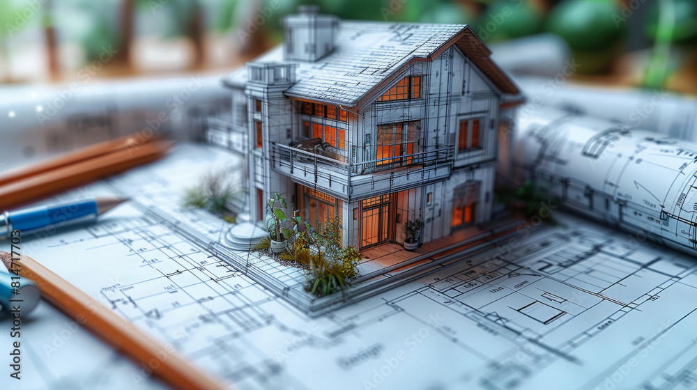 Architectural Model of a Modern Residential House on Blueprints Stock ...