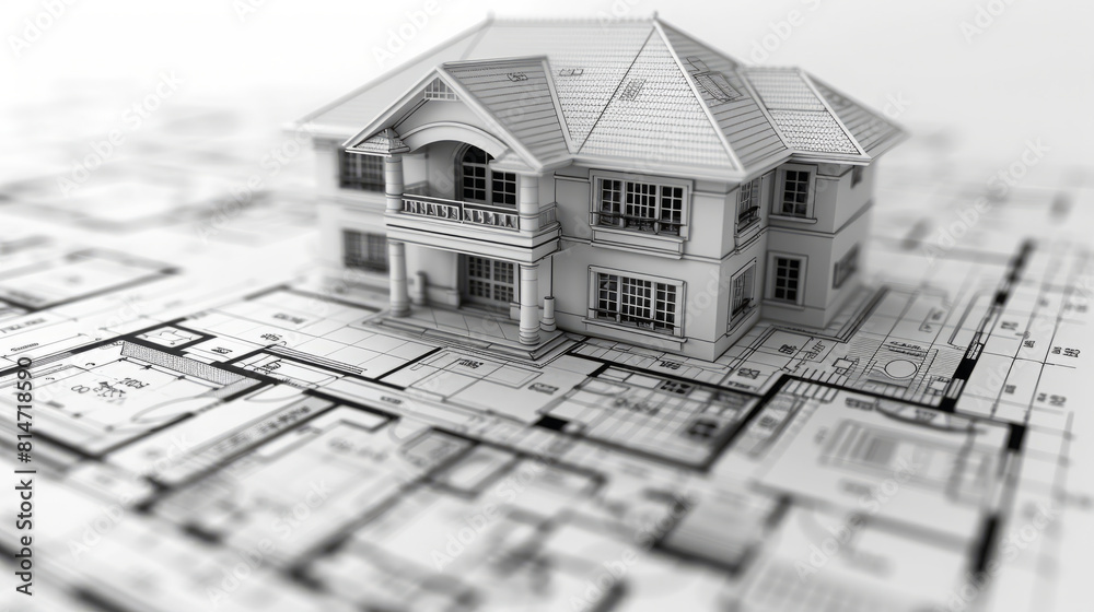 Architectural Model of a Modern Residential House on Blueprints Stock ...