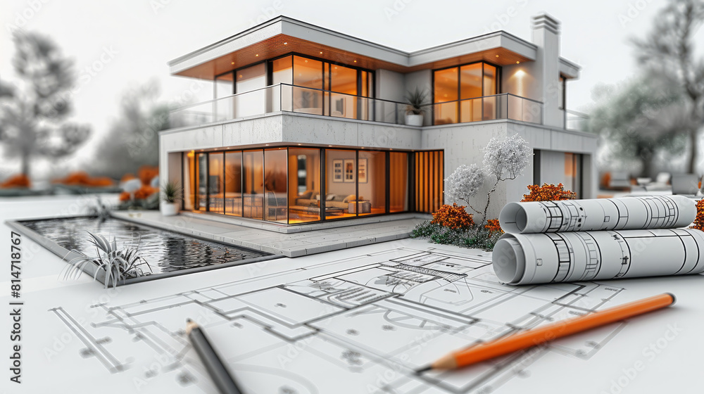 Architectural Model of a Modern Residential House on Blueprints Stock ...