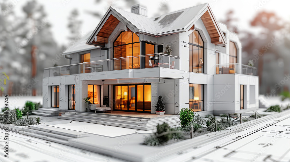 Architectural Model of a Modern Residential House on Blueprints Stock ...