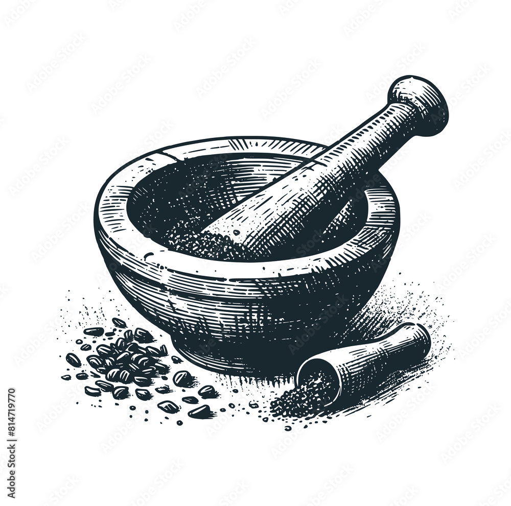 The traditional mortar hand drawn. Black white vector logo illustration ...