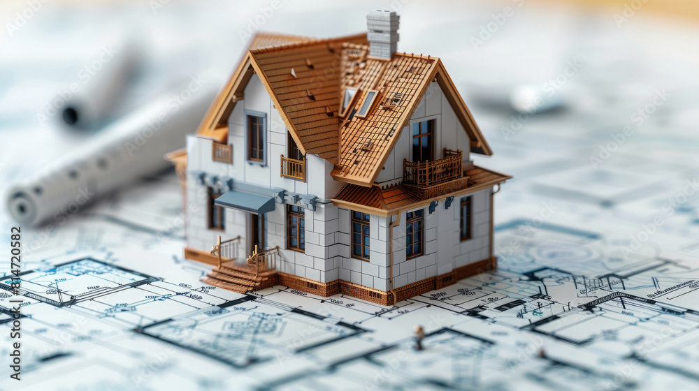 Architectural Model of a Modern Residential House on Blueprints ...