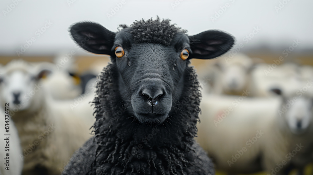 A close-up of a black sheep standing out in a flock of white sheep ...