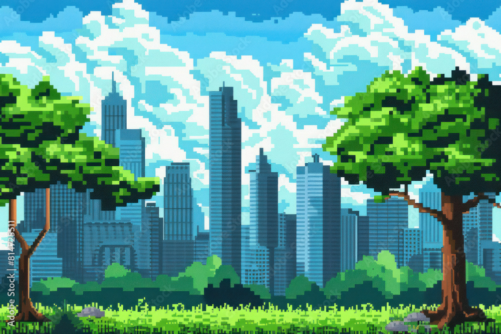 16-bit pixel art park scene with downtown skyline in the background ...