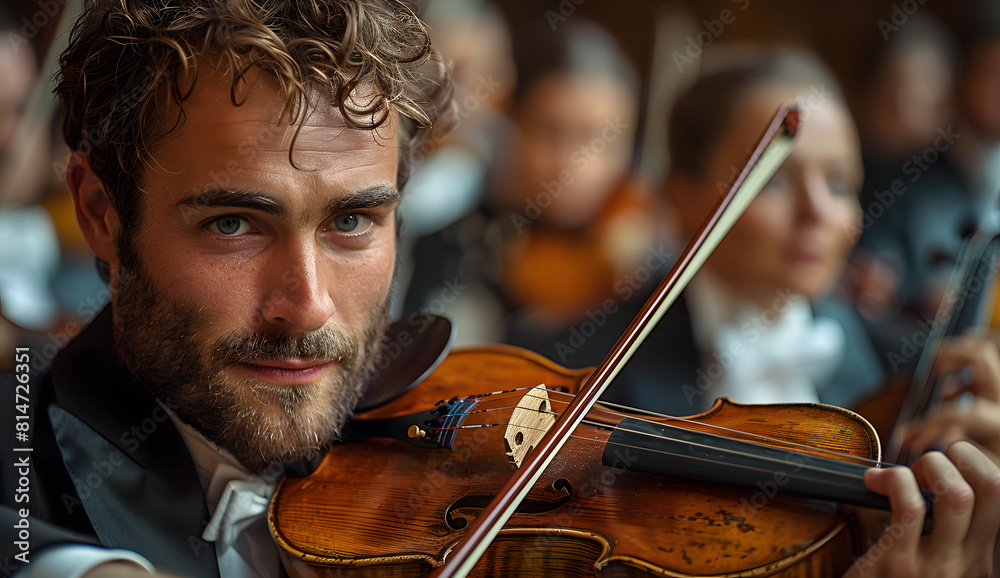 A professional musical ensemble playing in an old concert hall. A man ...