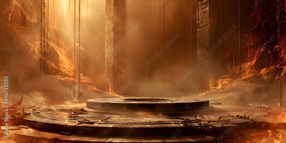 Battle arena in a hellish setting with stone circle platform and metal ...