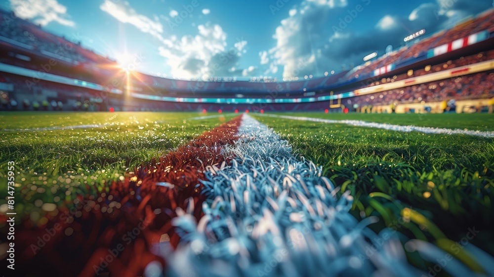A football field with yard lines, goalposts, and players in helmets ...