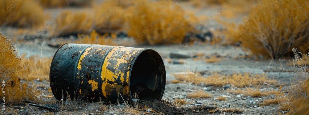 Oil barrel on the ground in open field, desert grassland background ...